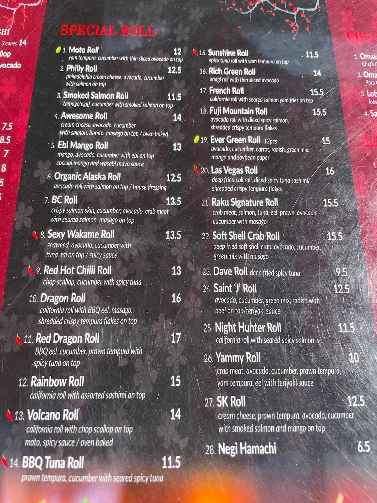 Menu at Sushi Raku restaurant, Saskatoon