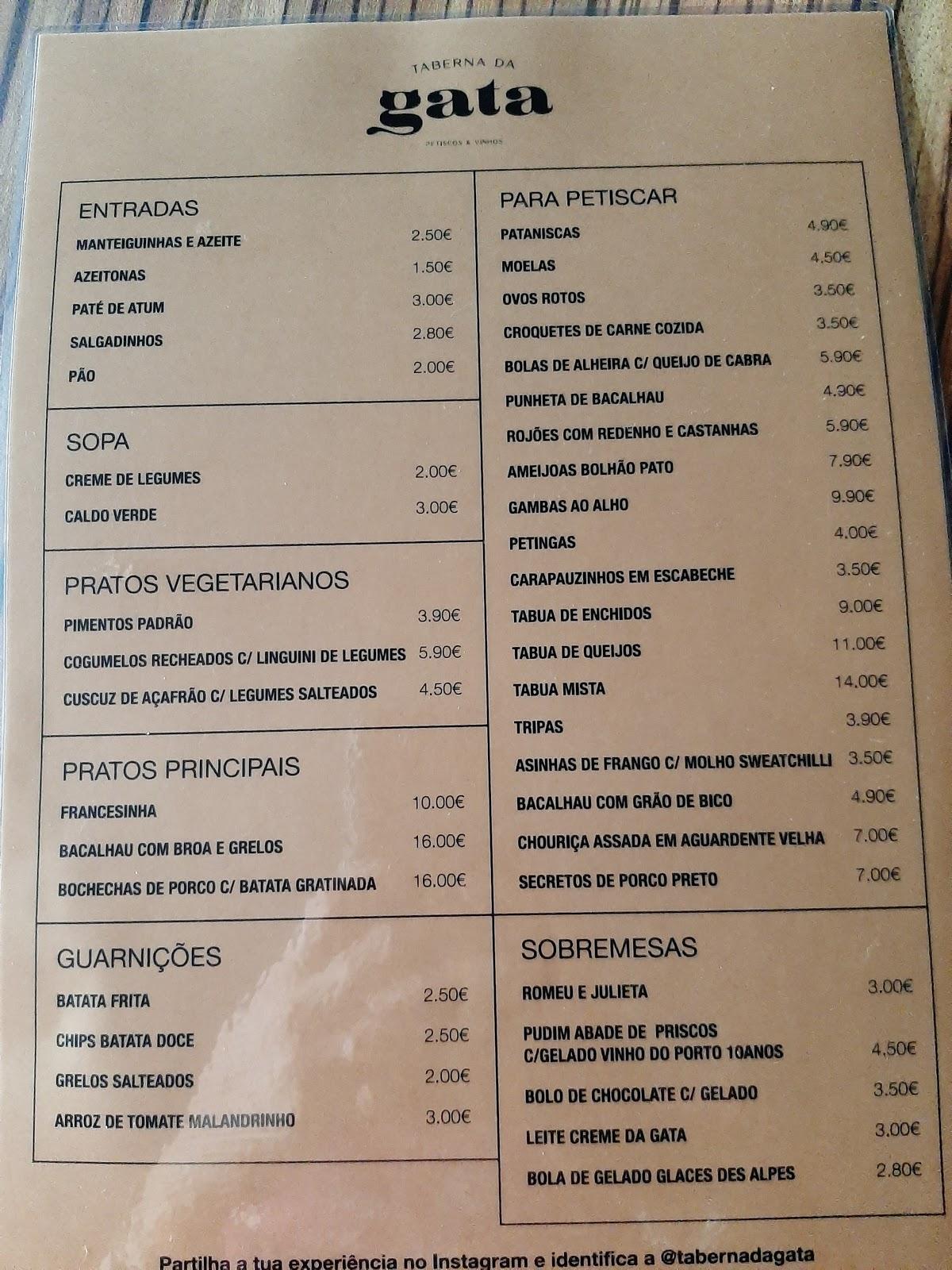 Menu em Taberna da Gata restaurante, Porto