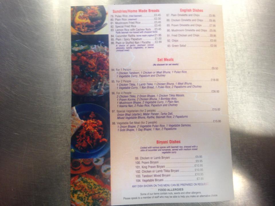 Menu at The Raj restaurant, Maldon