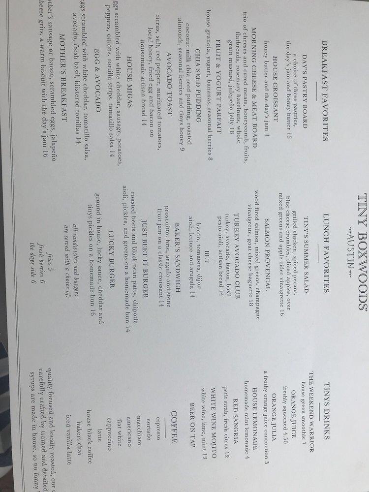 Menu at Tiny Boxwoods Austin restaurant, Austin
