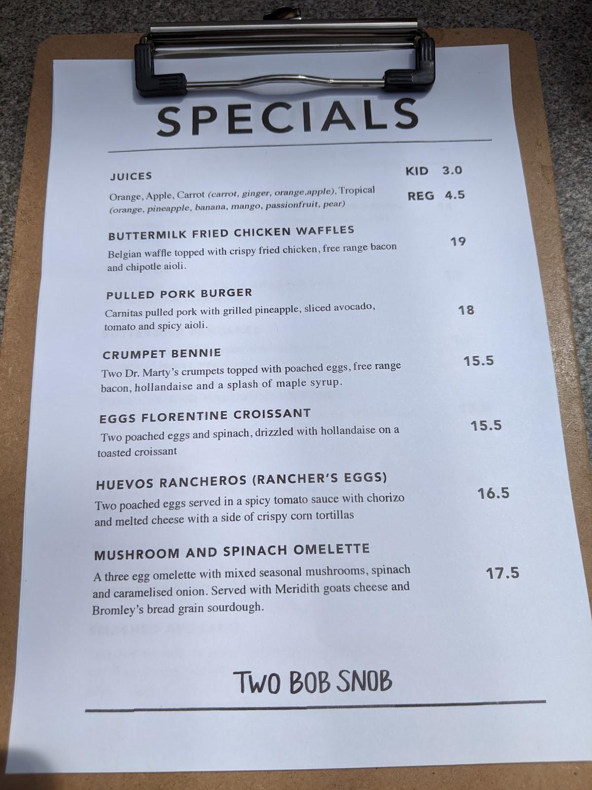 Menu at Two Bob Snob cafe, Cheltenham
