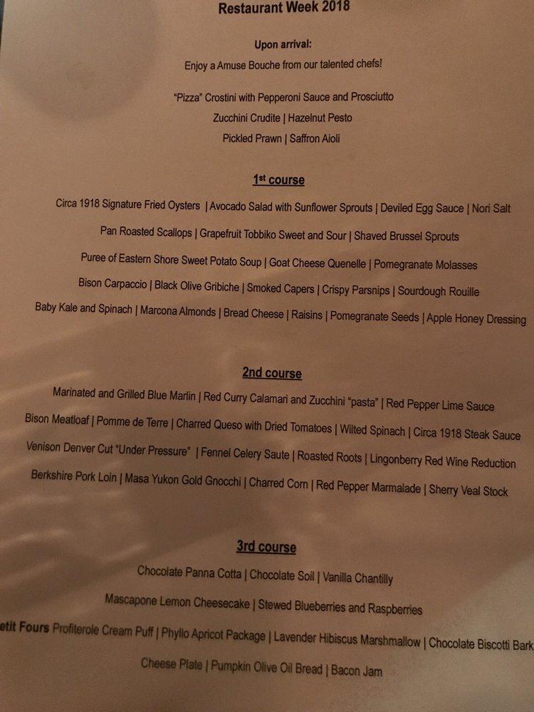 Menu at Circa 1918 Kitchen and bar, Newport News