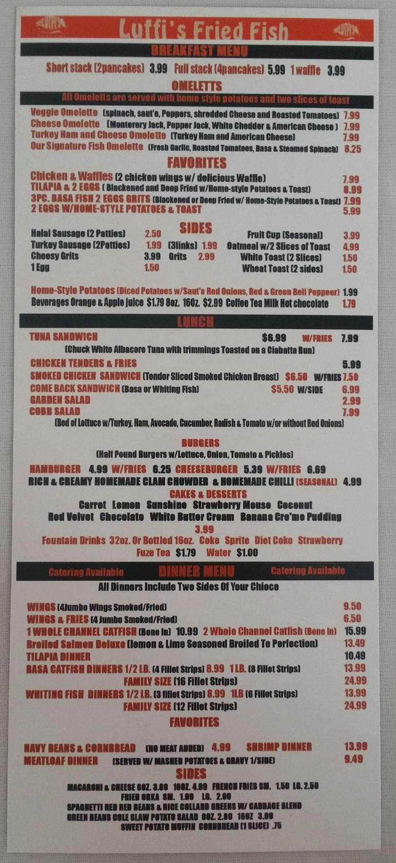 Menu at Lutfi's Fried Fish restaurant, Kansas City, Main St