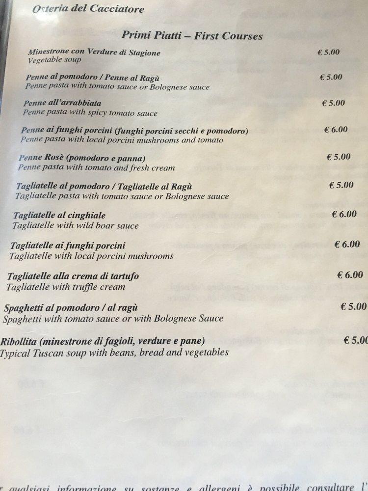 Menu da Osteria Del Cacciatore ristorante, Italia, Localita' Dreini
