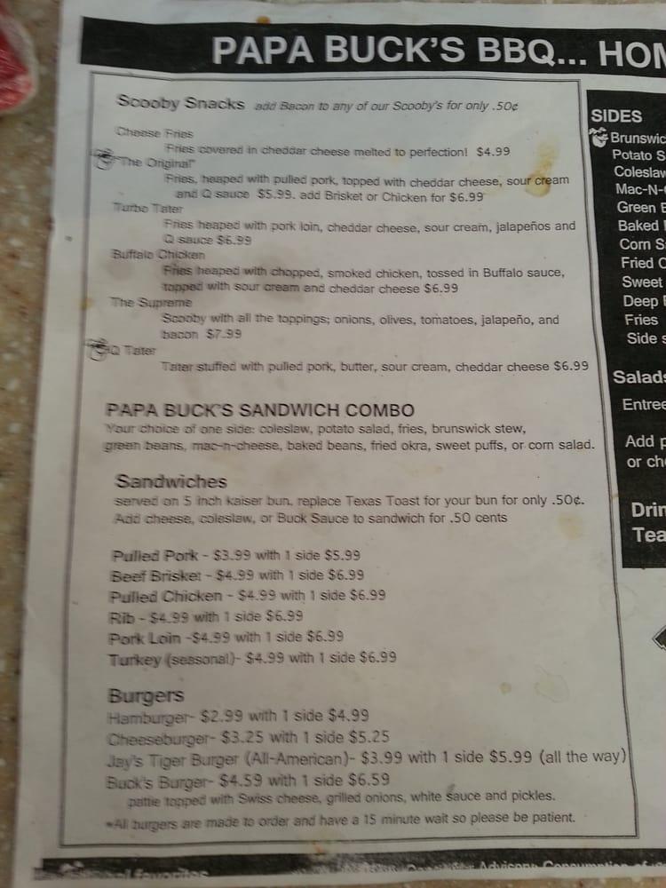 Menu at Papa Buck's BBQ, Metter