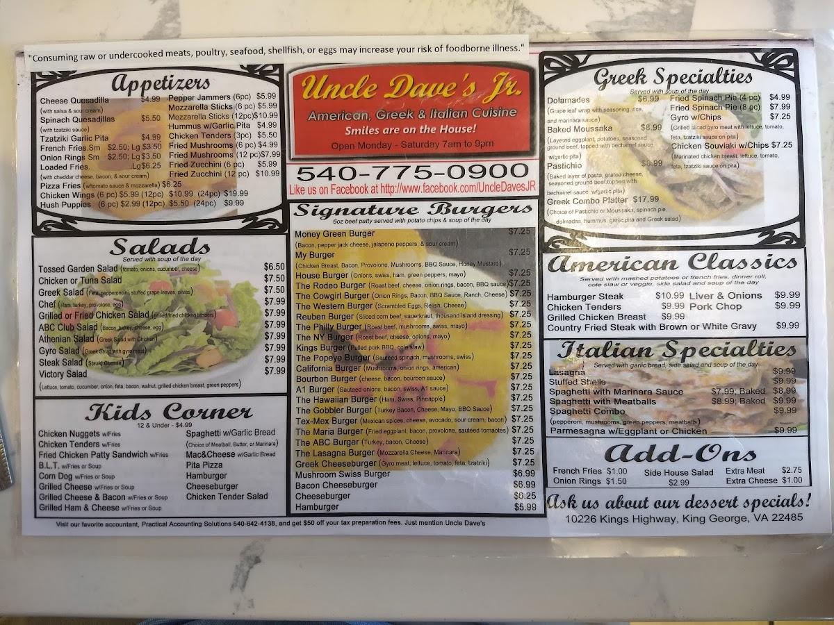 Menu at Uncle Dave's Jr. restaurant, King George, Kings Hwy