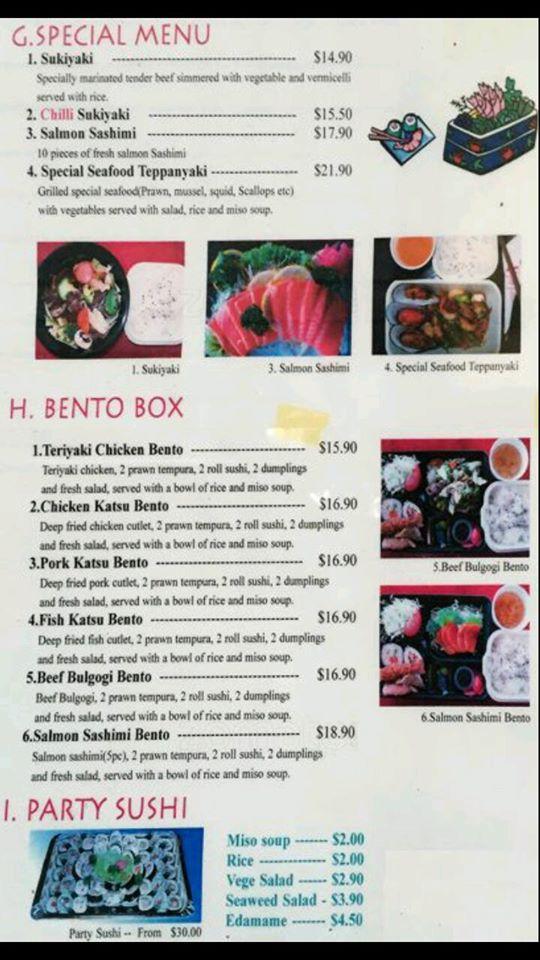 Menu at Asahi sushi restaurant, Warkworth