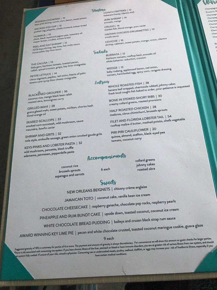 Menu at Calusa restaurant, Key Largo