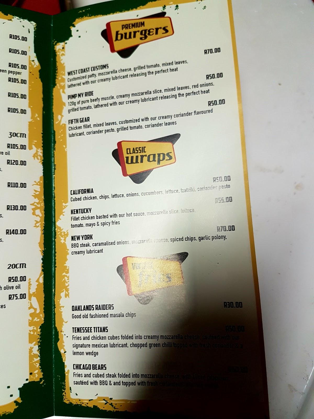 Menu at Garage Cafe, Johannesburg