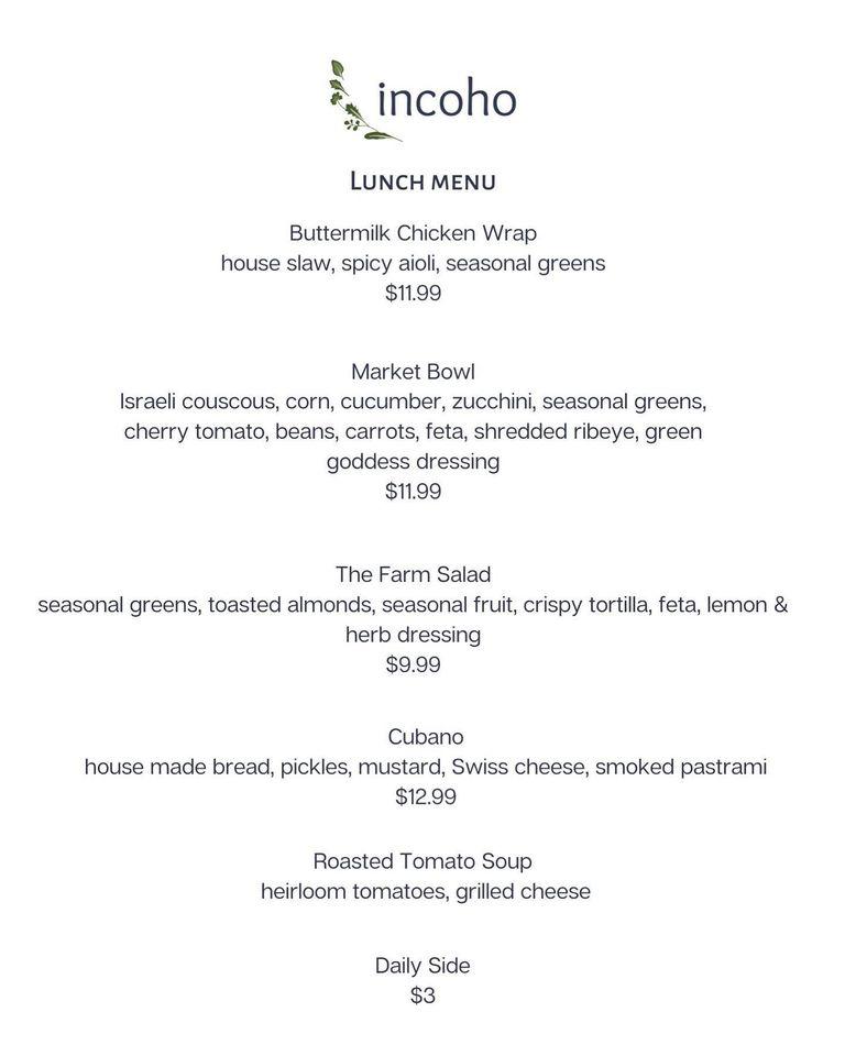 Menu at Incoho Restaurant, St. Catharines