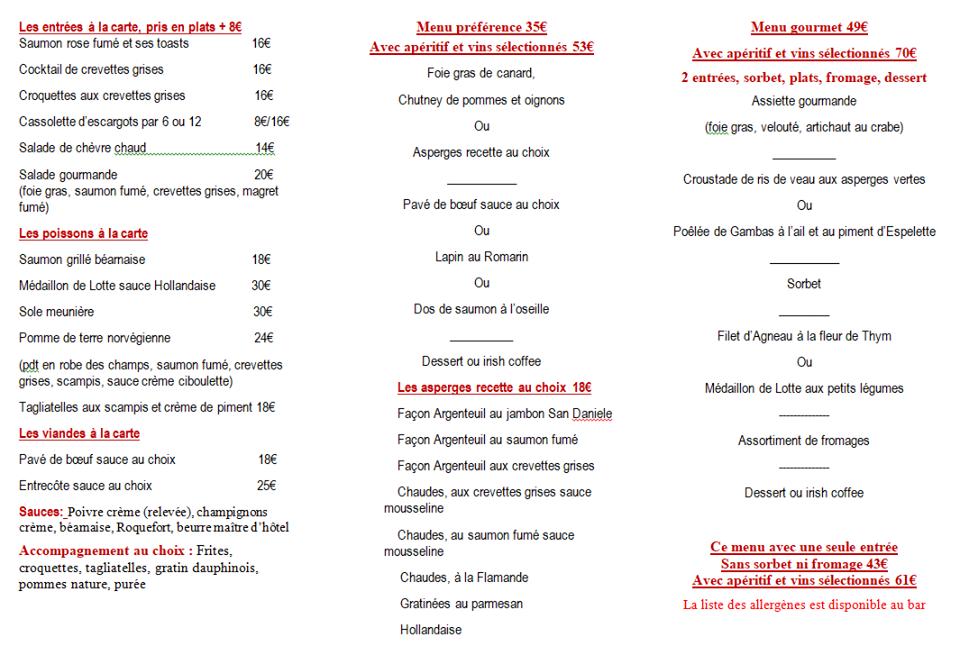 Menu au Les 4 Saisons, Pecq, Grand'Route 68
