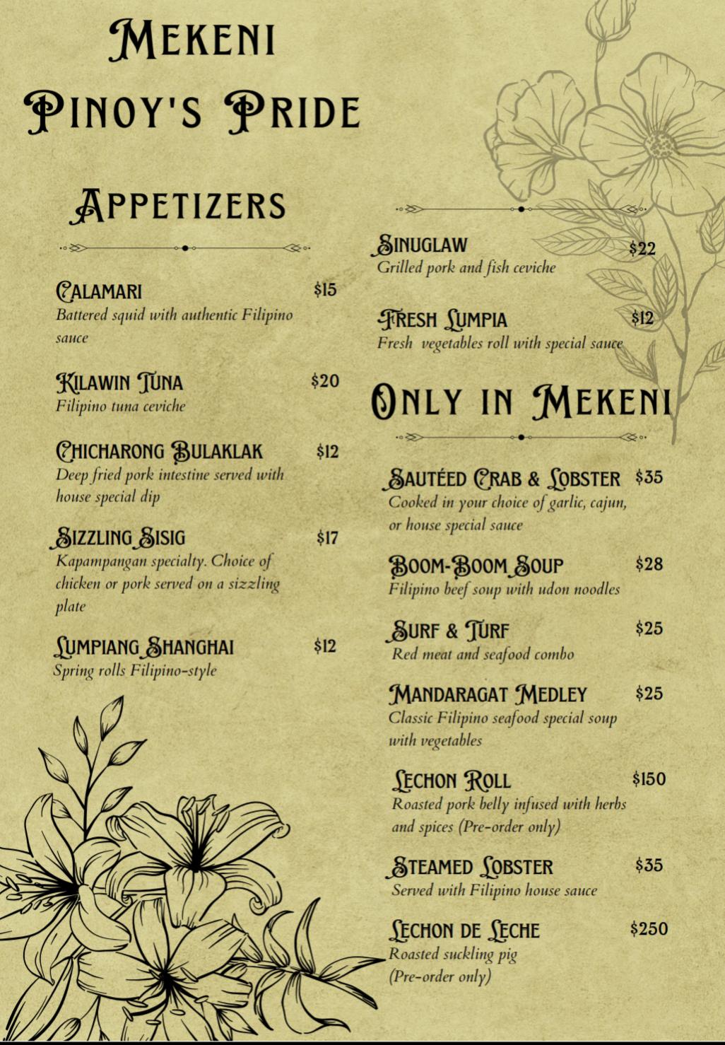 Menu at Mekeni Pinoy's Pride restaurant, Artesia