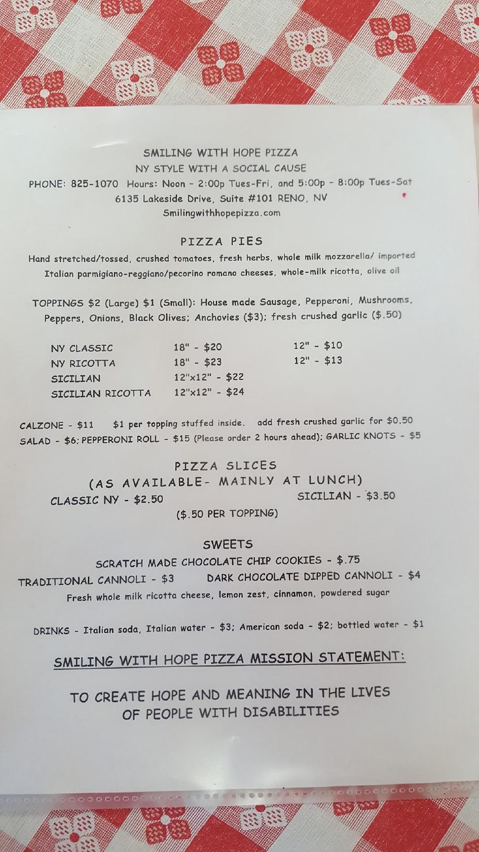 Menu at Smiling with Hope Pizza pizzeria, Reno