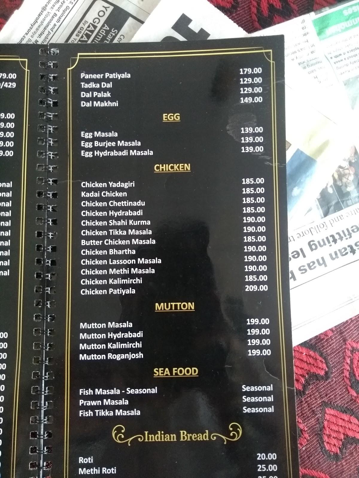 Menu at Starlight, Mysuru