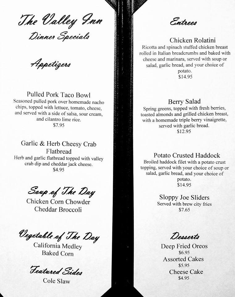 Menu at Valley Inn pub & bar, Williamsport