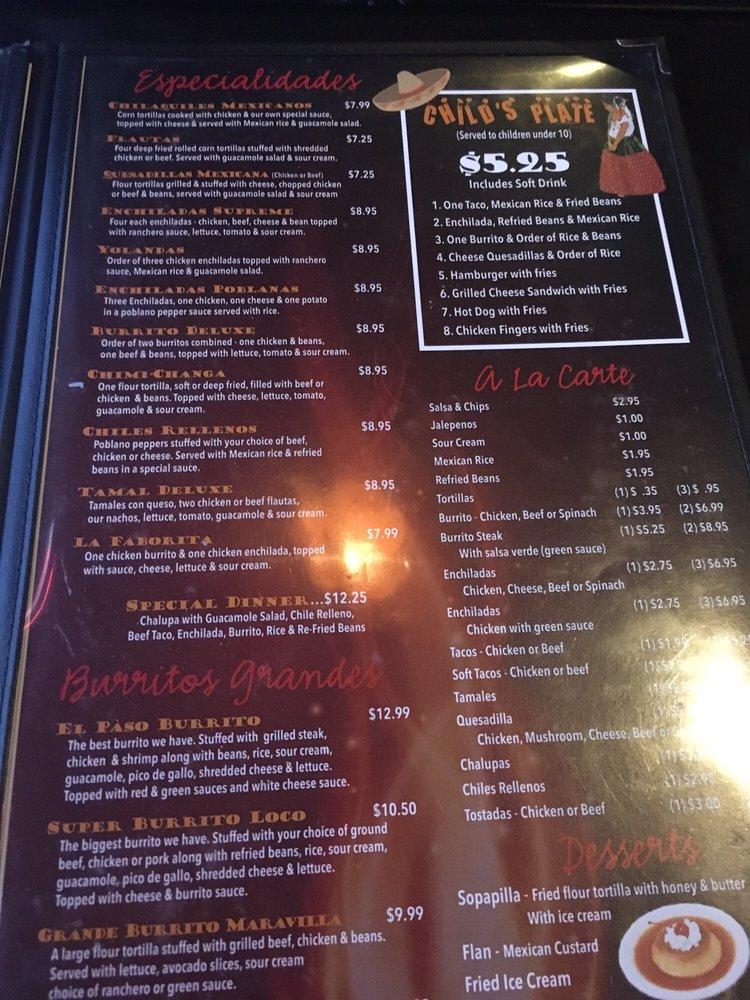 Menu at Zapata's Mexican Restaurant, Oldsmar