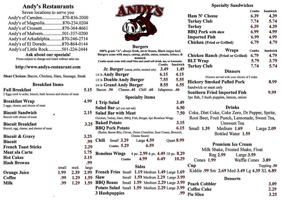 Menu at Andy's restaurant, Camden, 715 California Ave SW