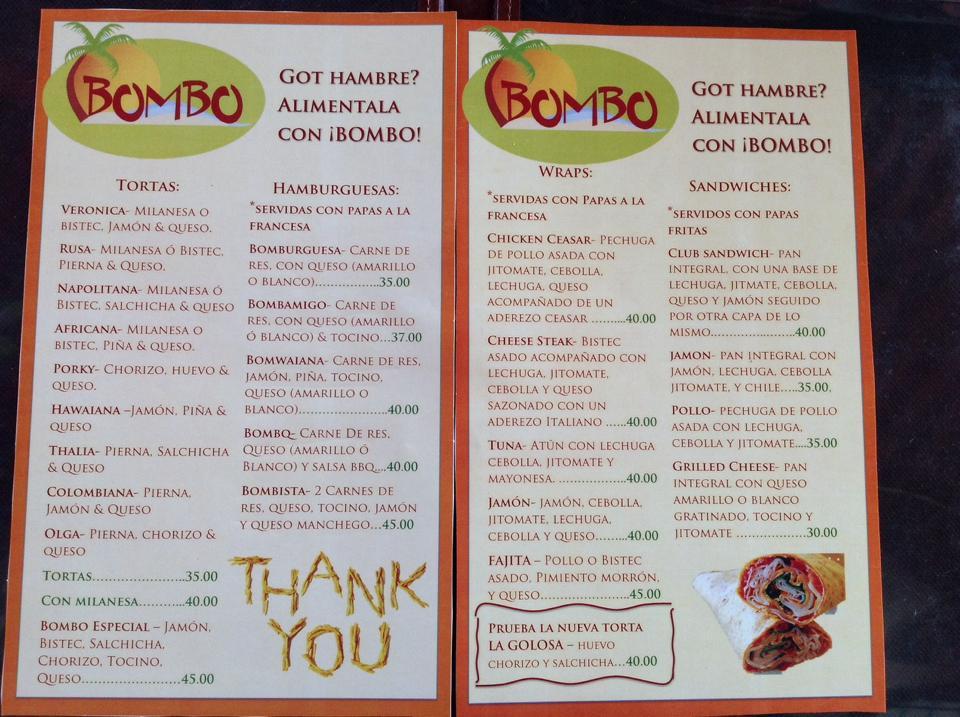 Carta del restaurante Bombo, Totolapa
