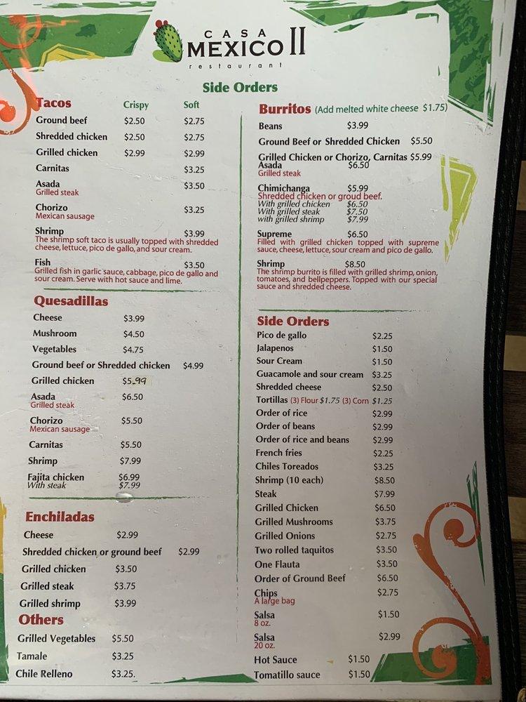 Menu at Casa Mexico II restaurant, Warner Robins