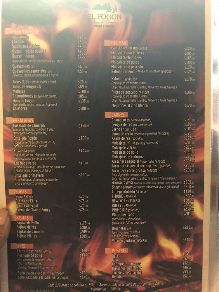 Menu at El Fogon restaurant, Manzanillo, Boulevard Miguel de la Madrid ...