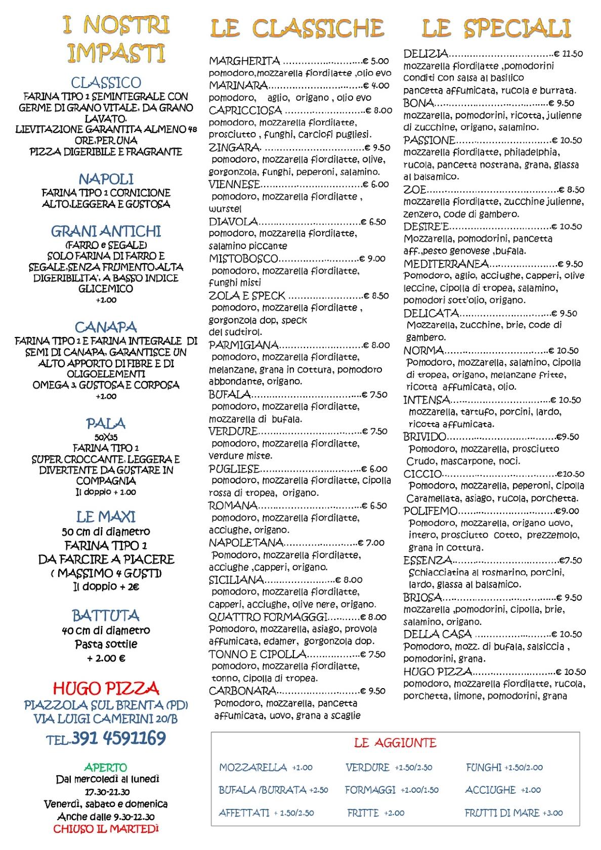 Menu da Hugo Pizza pizzeria, Piazzola sul Brenta