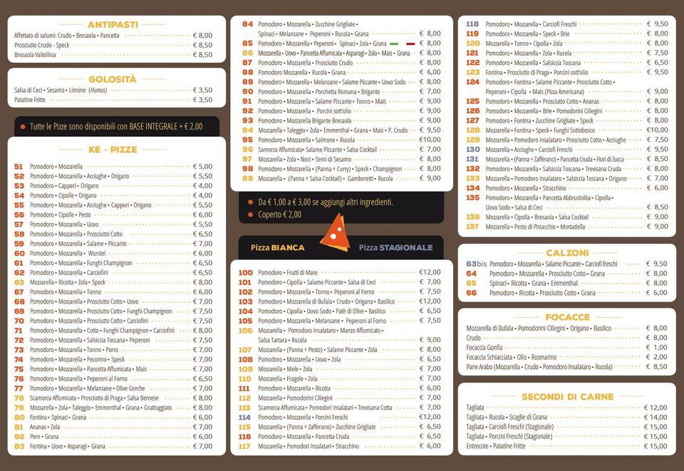 Menu da Ke Pizza ristorante, Milano