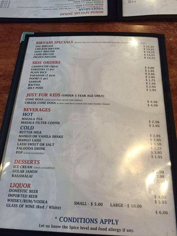 Menu at Krishna's Dosa Grill restaurant, Surrey