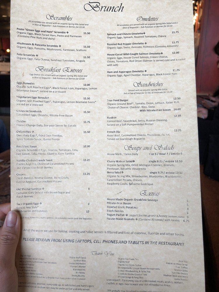 Menu at La Brioche True Food pizzeria, Madison
