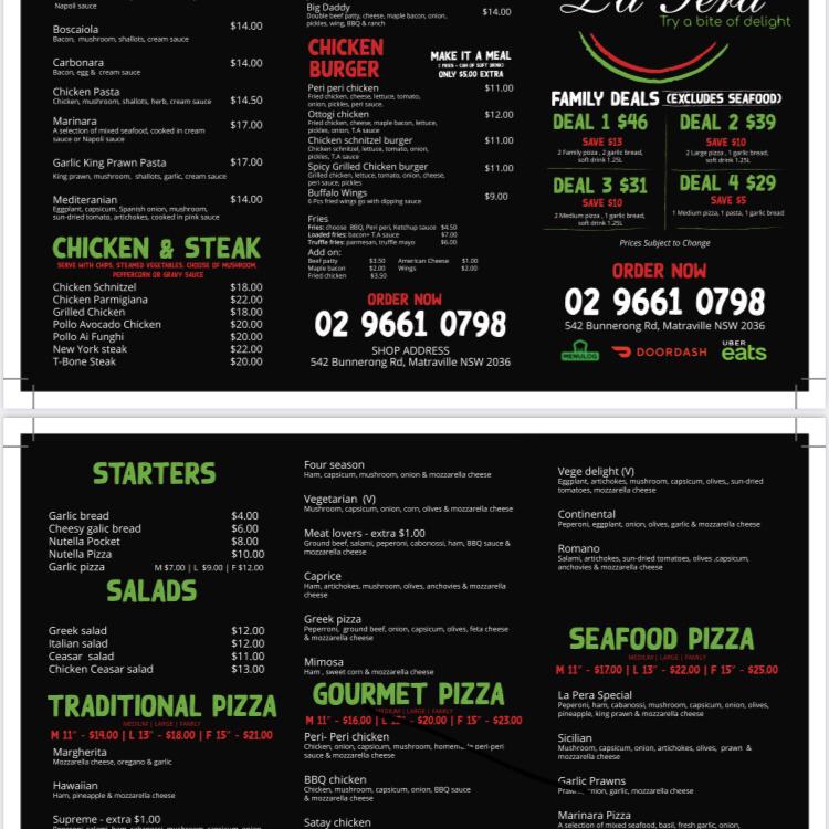 Menu at La Pera pizza Matraville restaurant, Matraville
