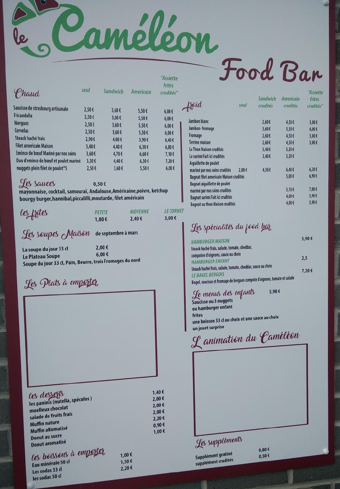 Carta del restaurante Le Caméléon, Spycker