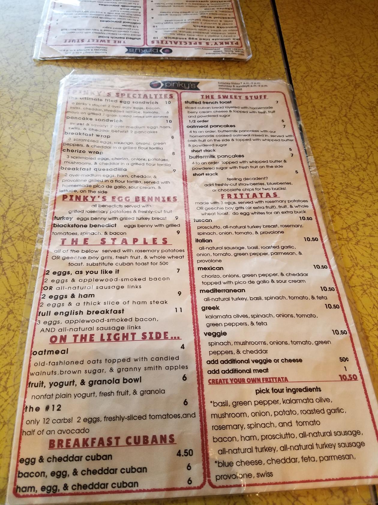 Menu at Pinky's Diner restaurant, Tampa