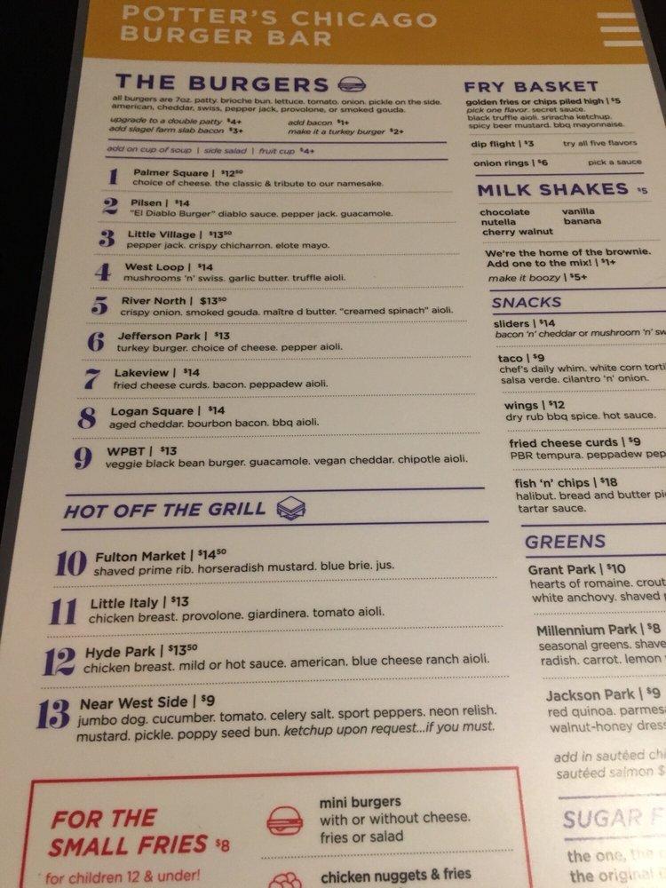 Menu at Potter's Chicago Burger Bar, Chicago