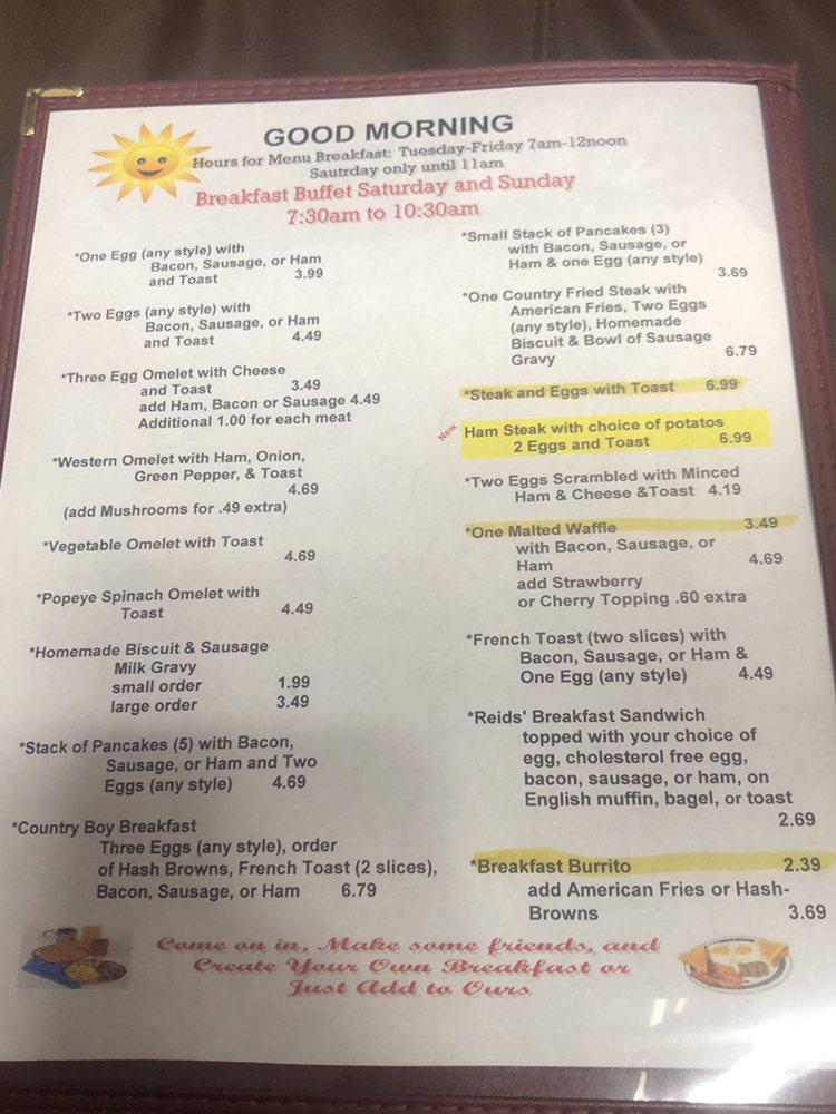 Menu at Reids' Harvest House restaurant, Chester