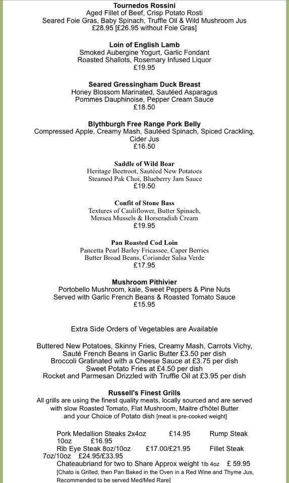 Menu at Russells Restaurant, Chelmsford