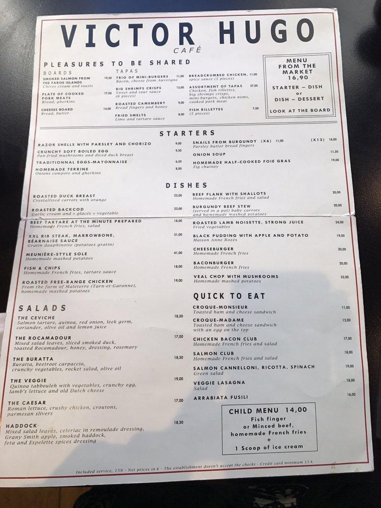 Menu at Brasserie Victor Hugo cafe, Paris, 4 Pl. Victor Hugo