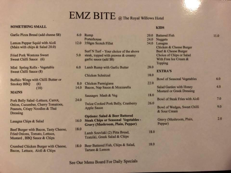 Menu at EMZ BITE restaurant, Pambula