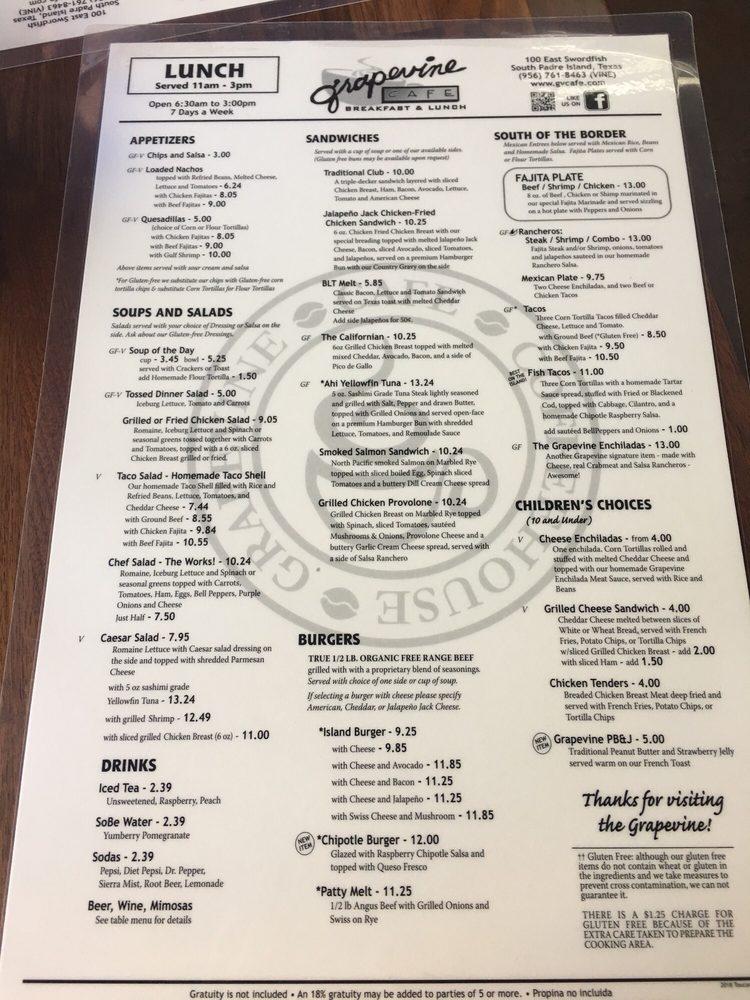 Menu at Grapevine Cafe, South Padre Island
