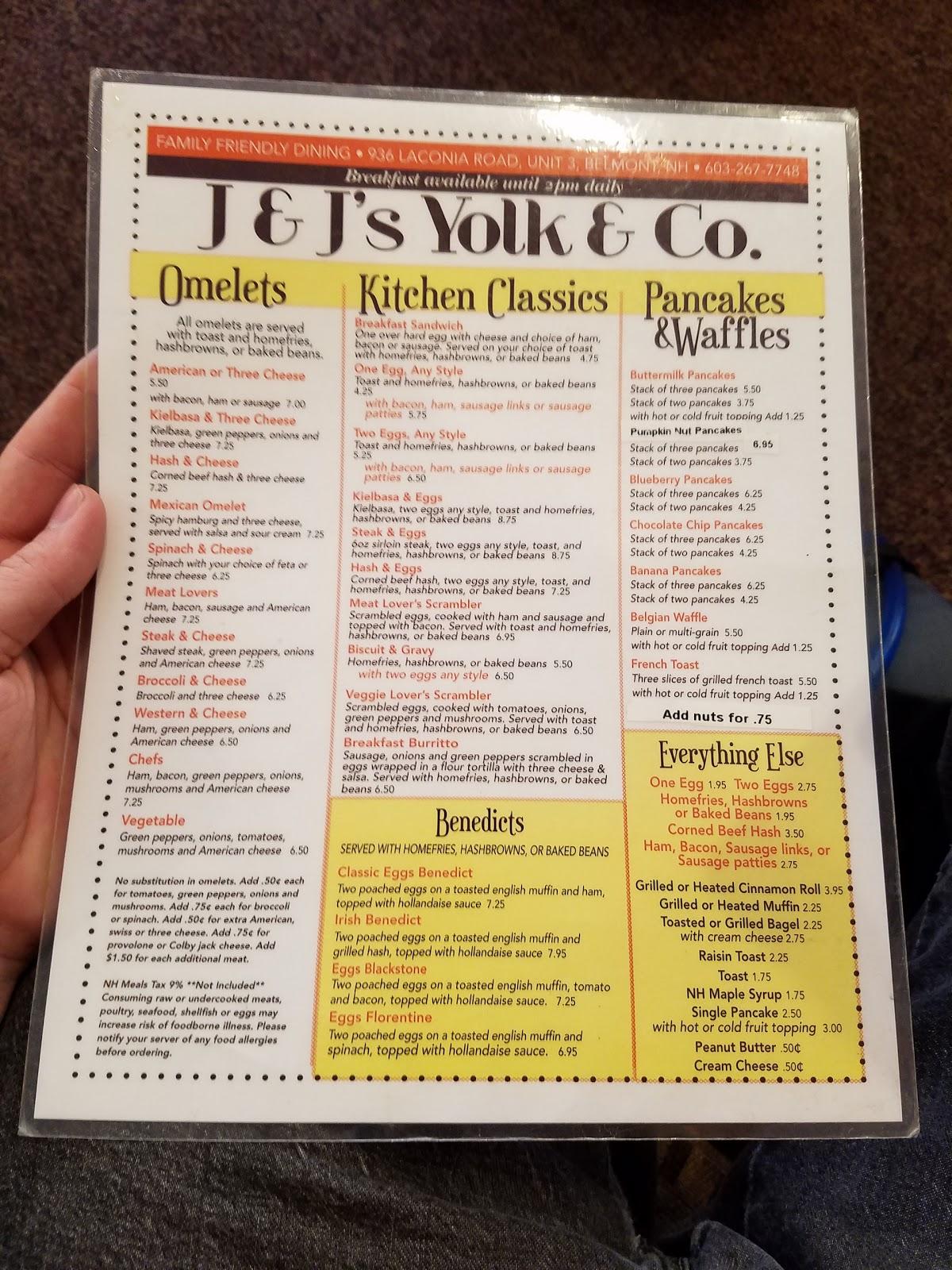 Menu at J&J's Yolk & Co. restaurant, Belmont