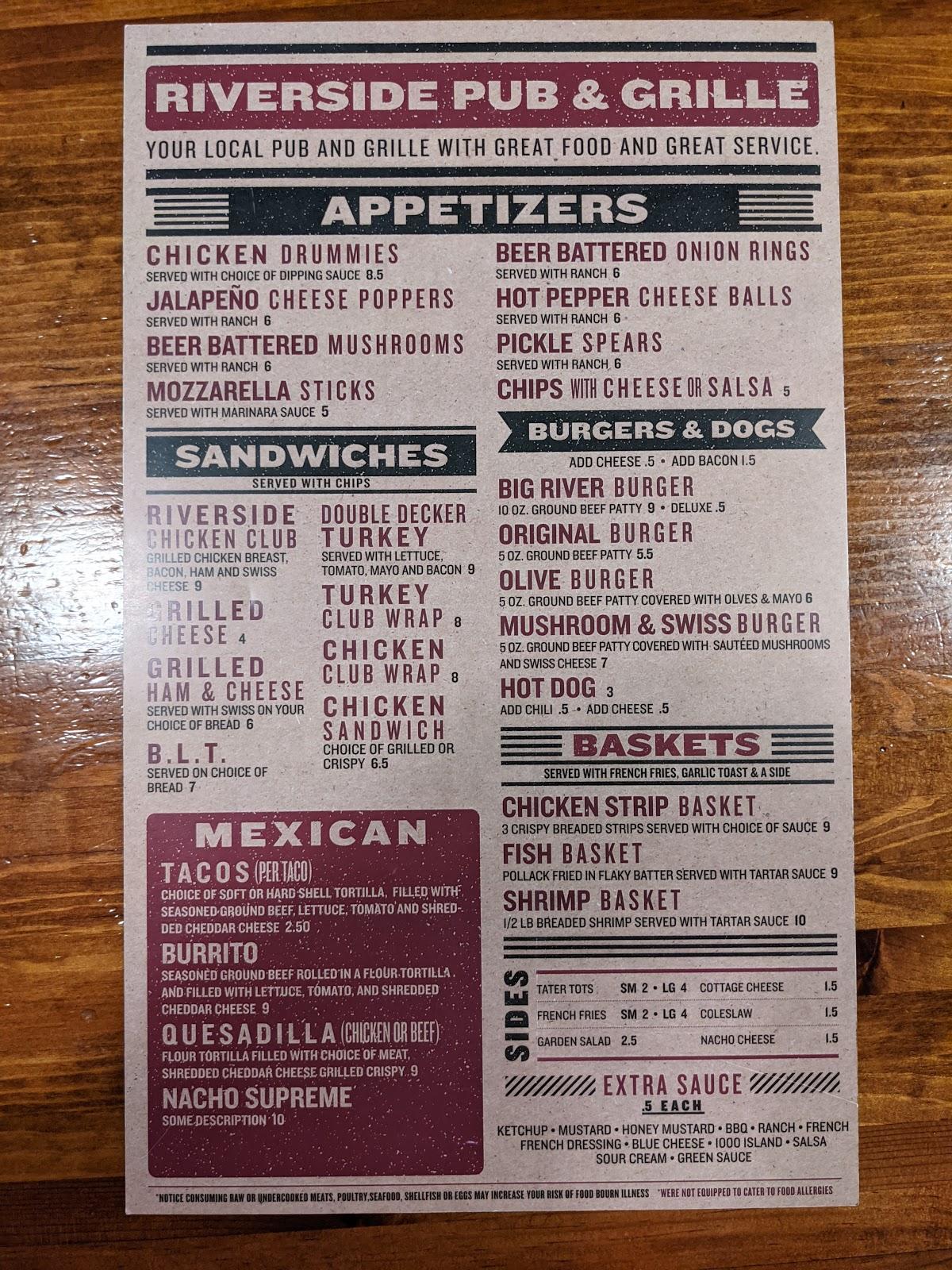 Menu at Riverside Pub & Grille, Marshall