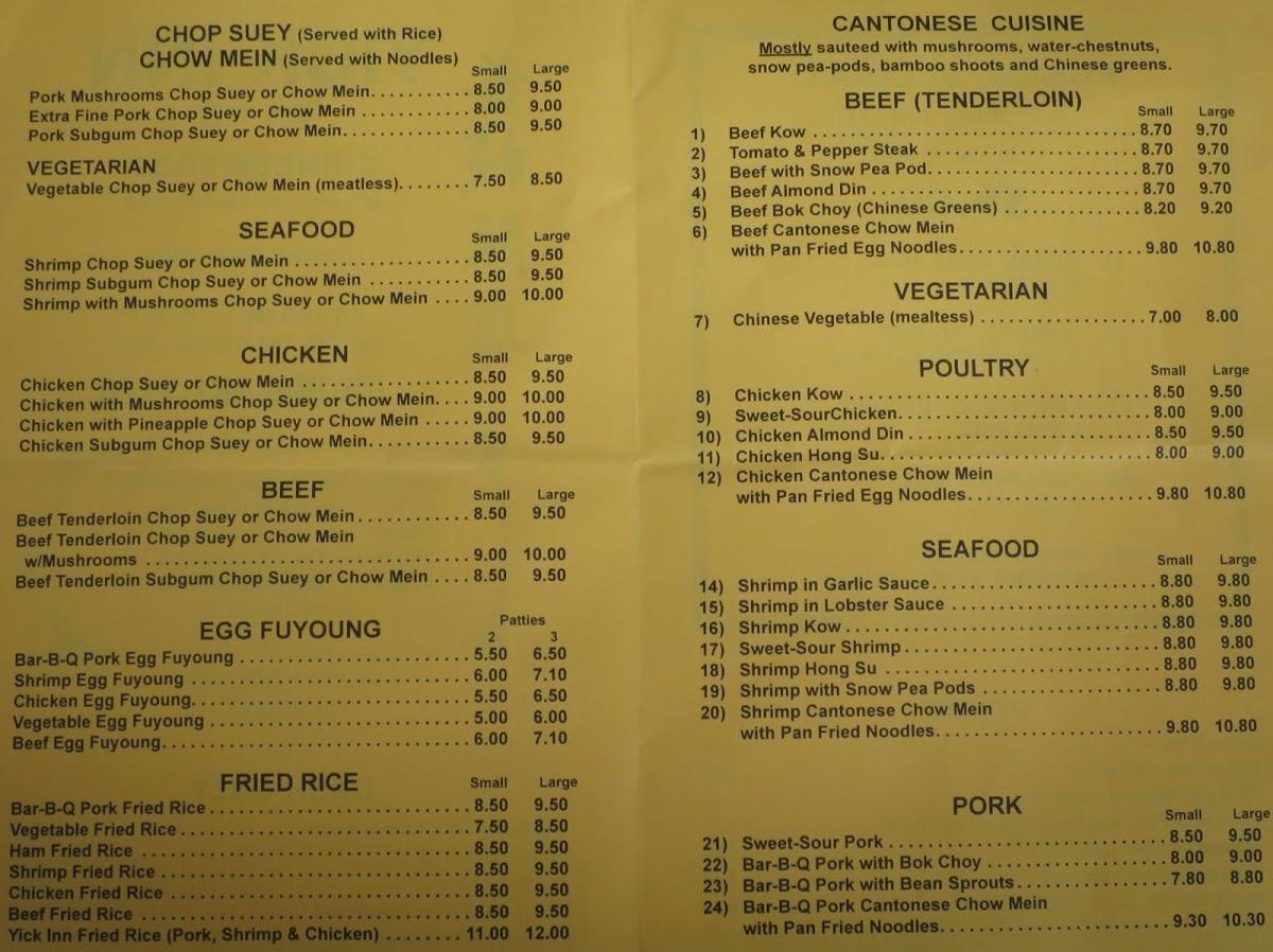 Menu at Yick Inn restaurant, Milwaukee