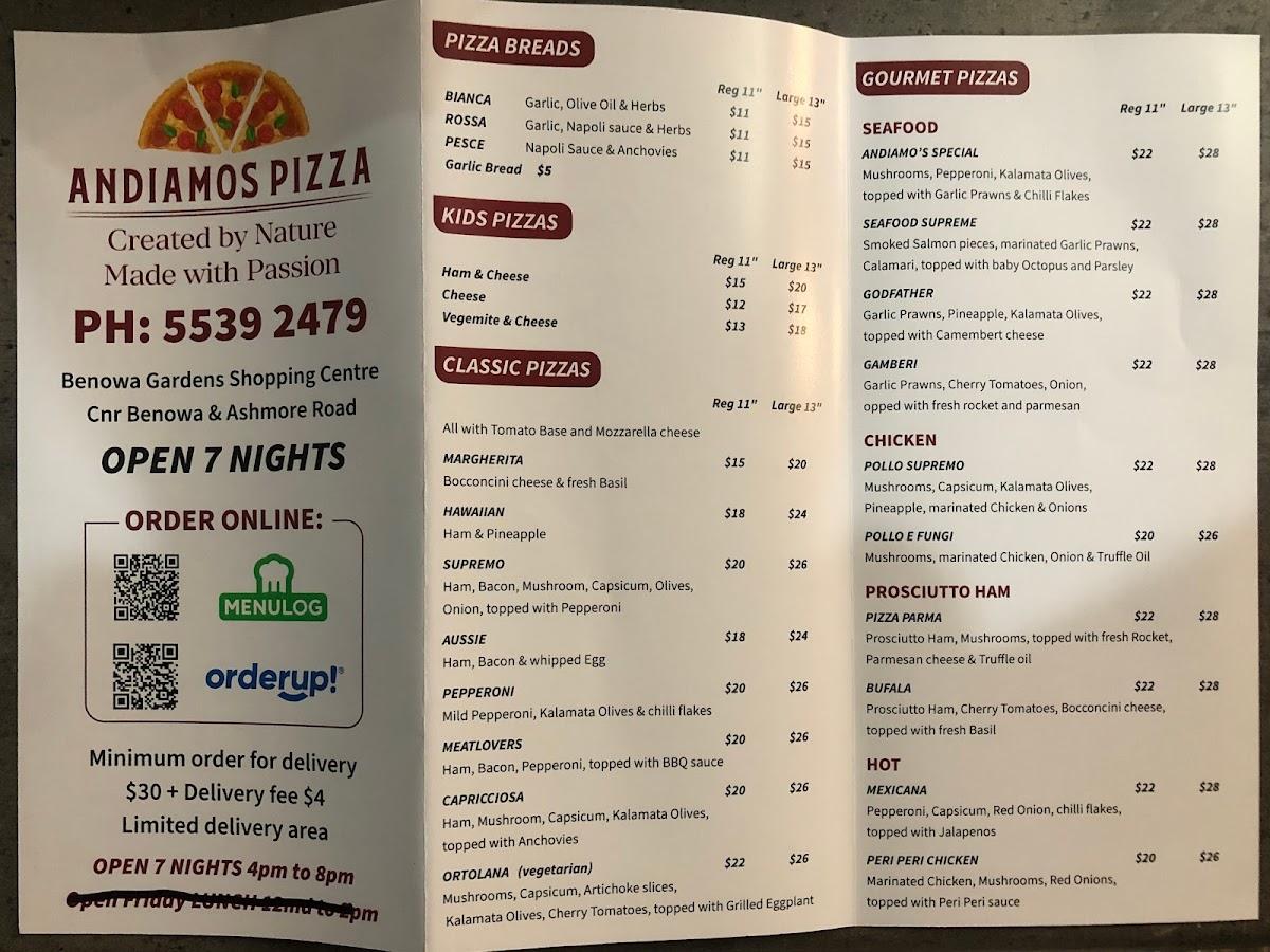 Menu at Andiamos Pizza pizzeria, Benowa