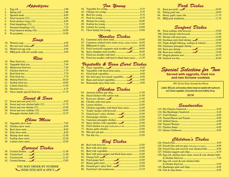 Menu at Chow Family Restaurant, Truro