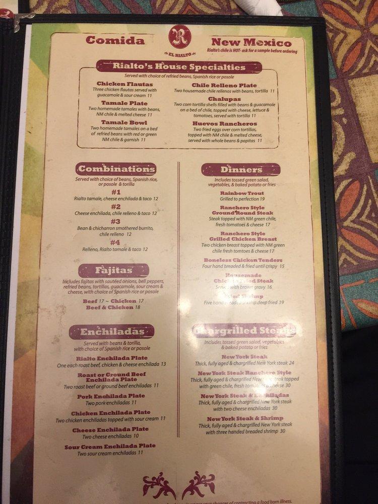 Menu at El Rialto Restaurant, Las Vegas