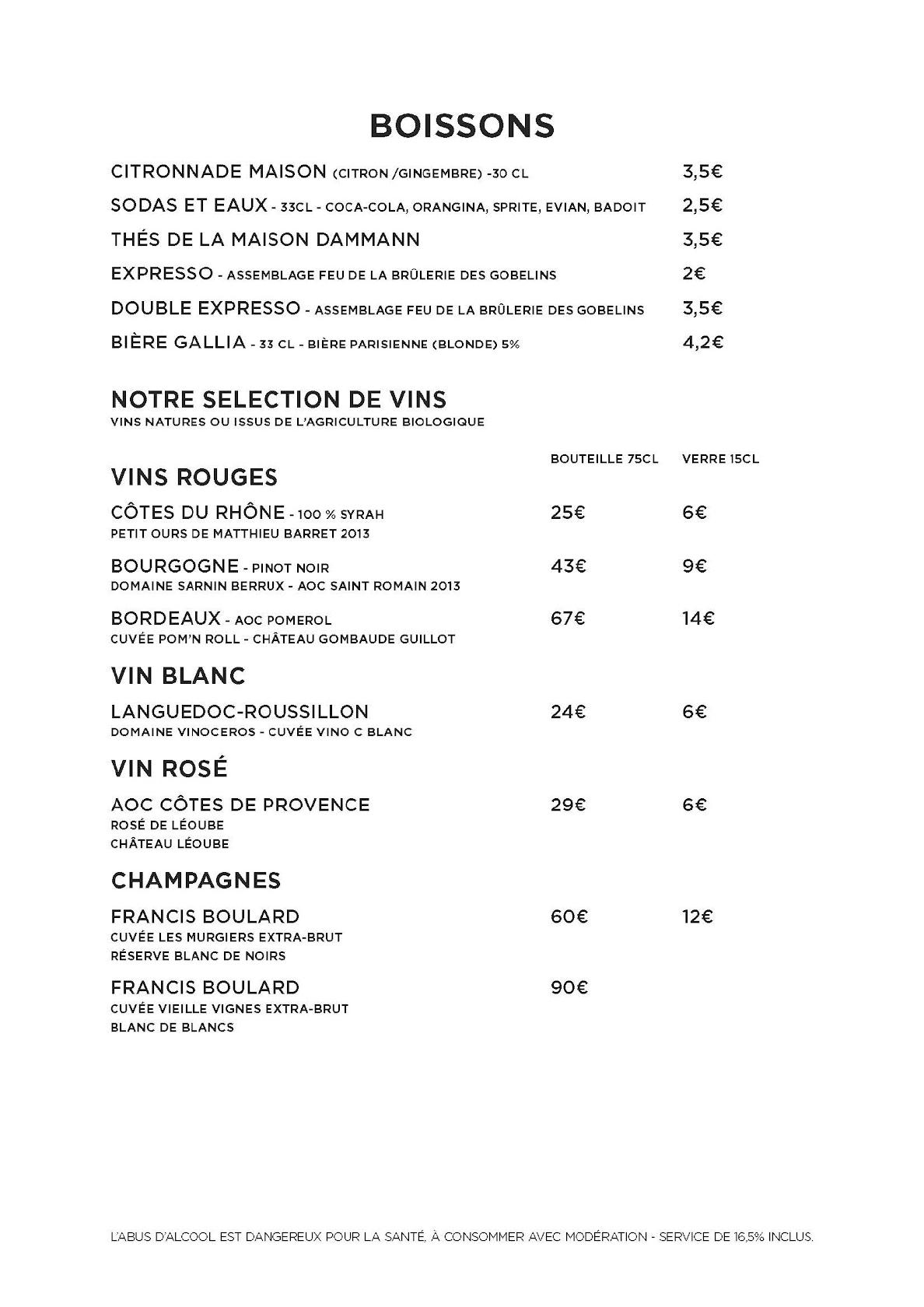 Menu at Feu restaurant, Paris