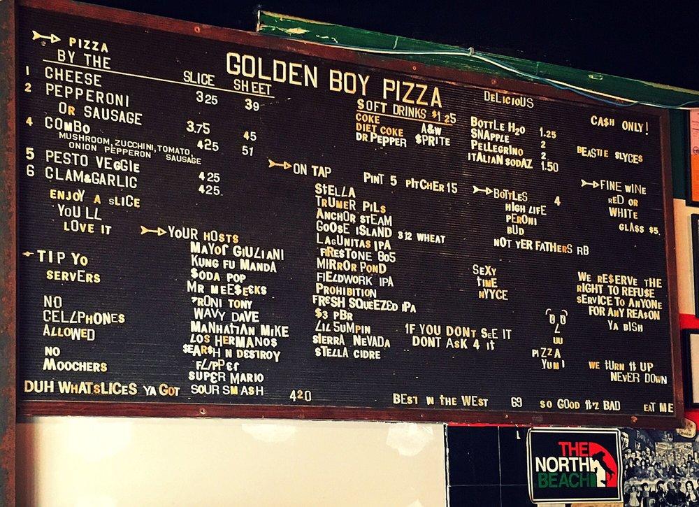 Menu at Golden Boy Pizza pizzeria, San Francisco, 542 Green St