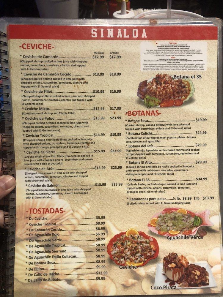 Menu at Mariscos El General restaurant, Pasadena, Spencer Hwy