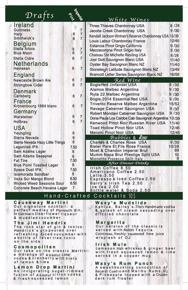 Menu at Waxy's Irish Pub, Fort Lauderdale