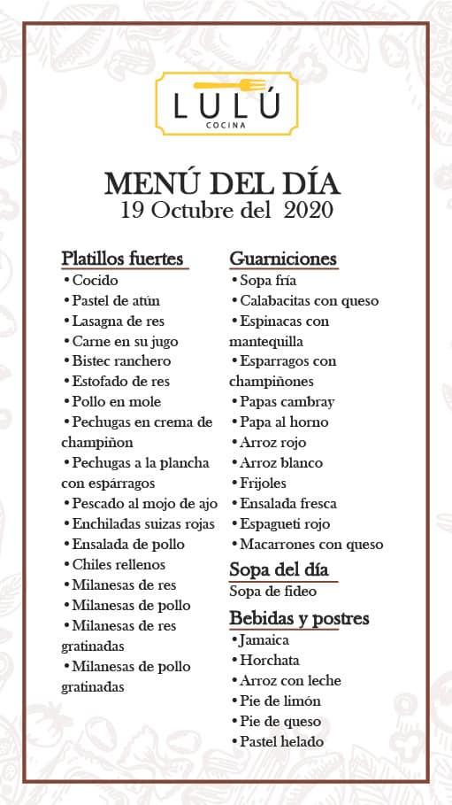 Menu at Cocina Lulú restaurant, Hermosillo