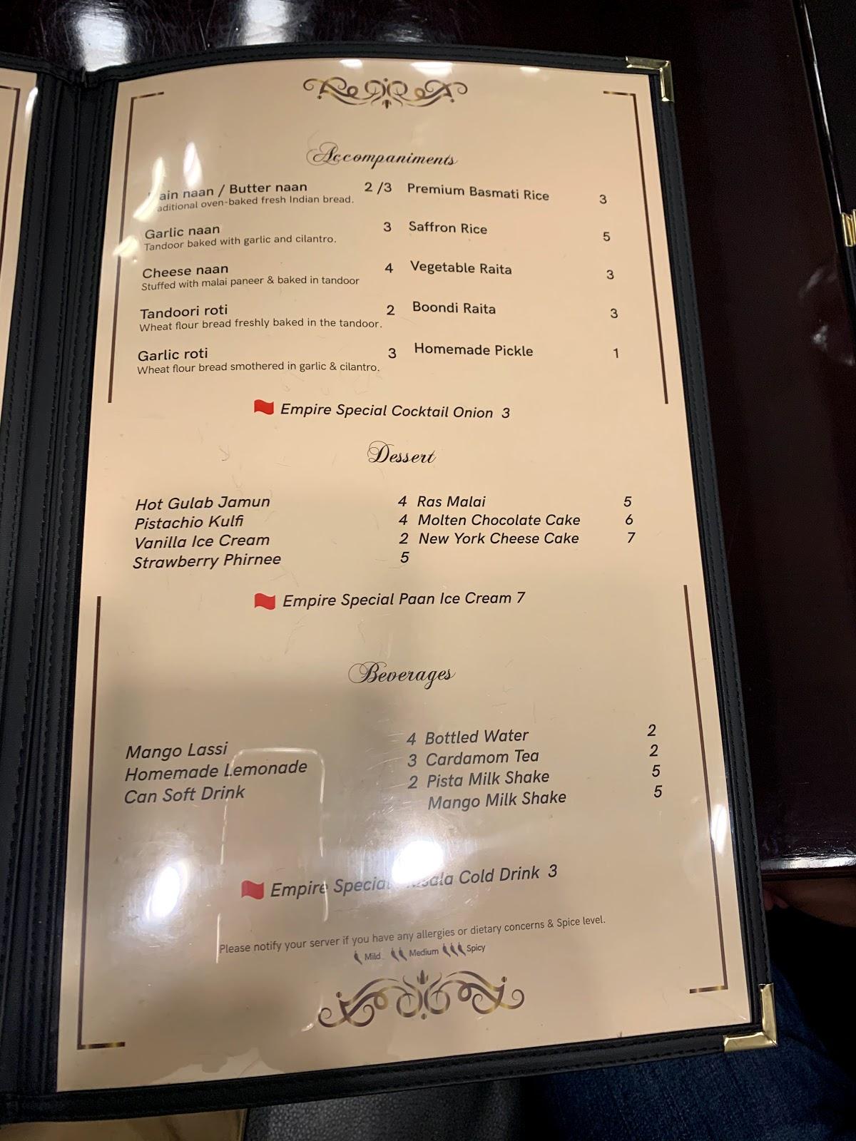 Menu at Empire Grill Fine Indian Cuisine restaurant, Edmonton