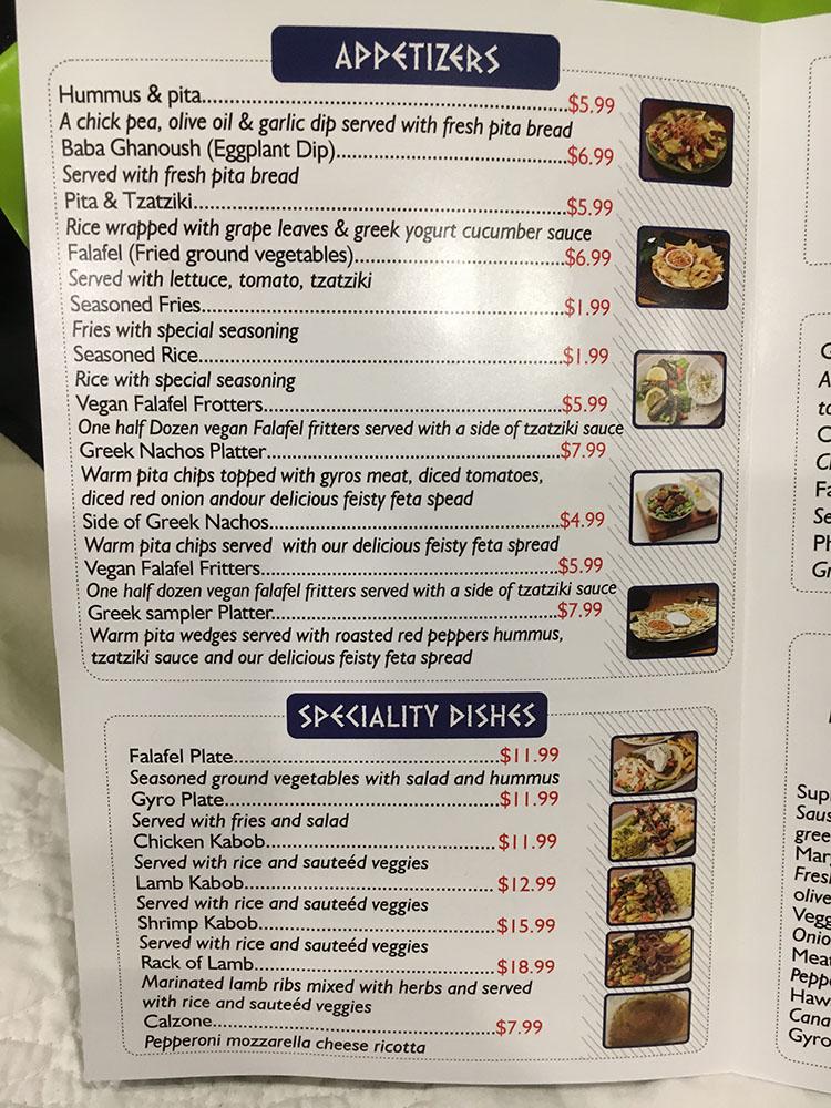 Menu at Greek Gyros restaurant, Georgetown